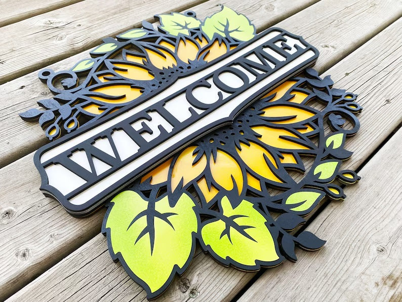 Sunflower & Leaf Welcome Sign – Mid Missouri Laser
